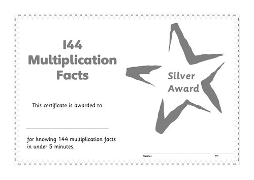 144 multiplication facts certificates | Teaching Resources