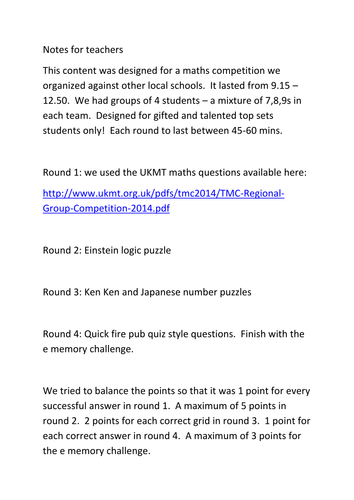 Maths Team Challenge - Inter-School Quiz Resources | Teaching Resources