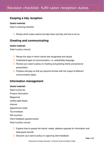 Fulfil salon reception duties sample lesson | Teaching Resources