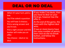 Deal Or No Deal Quiz Template | Teaching Resources