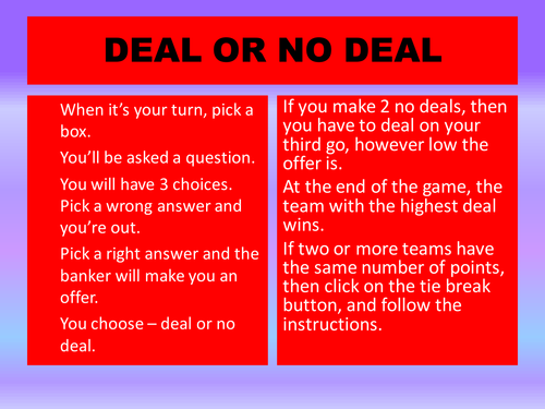 Deal Or No Deal Quiz Template | Teaching Resources