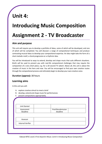 BTEC Music (New 2013 Spec) Unit 4 Assign Brief | Teaching Resources