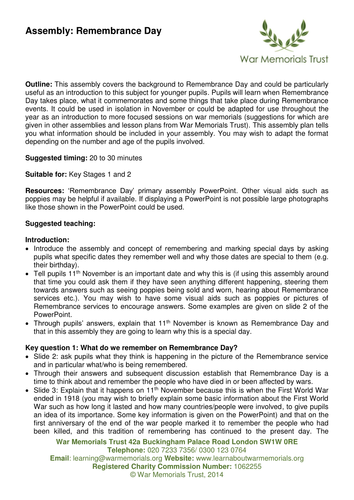 Remembrance Day primary assembly | Teaching Resources