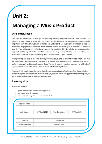 BTEC Unit 2: Managing a Music Product | Teaching Resources