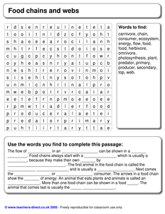 Food chains and webs word-search with CLOZE by bennettej - UK Teaching ...