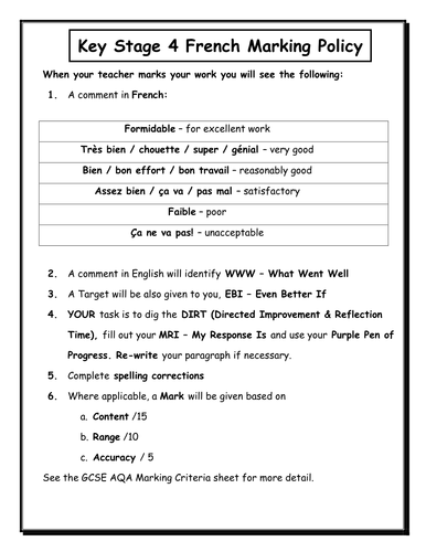 Pupil inserts - Marking Policy | Teaching Resources