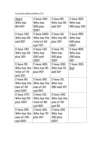 Loop game adding multiples of 10 to 1000 KS2 maths | Teaching Resources