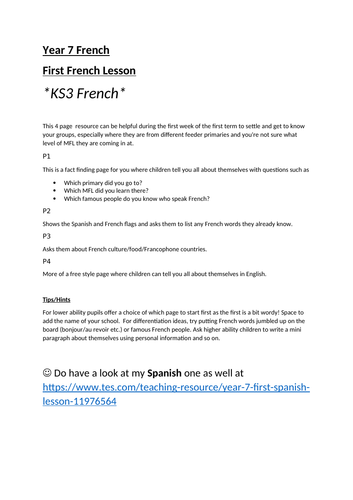Year 7 First French Lesson | Teaching Resources