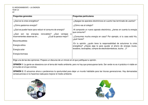 El medio ambiente - la energía oral activity AQA | Teaching Resources