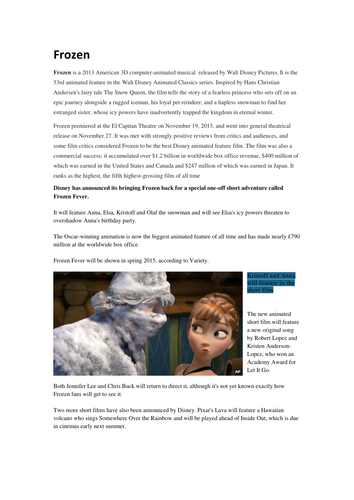 Reading comprehensions on Frozen | Teaching Resources