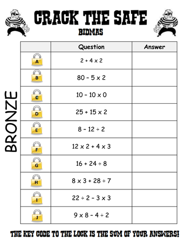 BIDMAS: Crack the Safe (Level 4-5/Grade F-E) | Teaching Resources