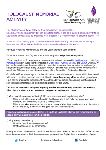 Holocaust Memorial Day 2015 - Activities | Teaching Resources