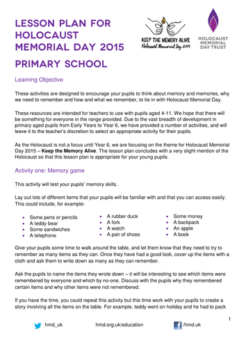 Holocaust Memorial Day 2015 - Primary lesson plan | Teaching Resources