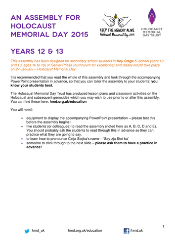 Assembly Post 16 for Holocaust Memorial Day 2015 | Teaching Resources