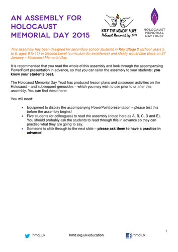Assembly for KS2 for Holocaust Memorial Day 2015 | Teaching Resources