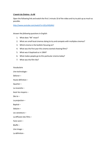 Cinema AS AQA French | Teaching Resources