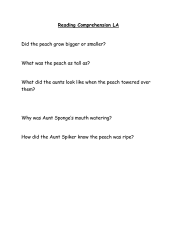 James and the Giant Peach Reading Comprehension | Teaching Resources