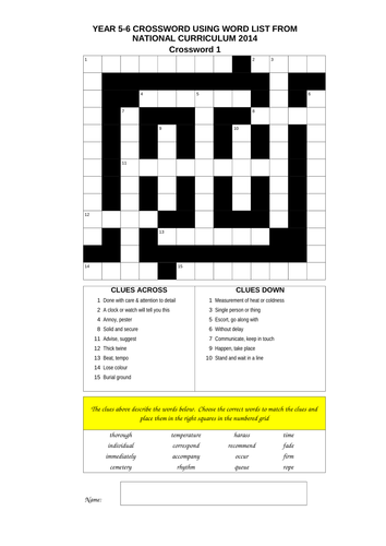 YEAR 5-6 CROSSWORDS USING WORD LIST FROM NAT CURR by PUBLICSECONDARY ...