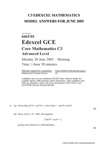 C3 MODEL ANSWERS for Edexcel JUNE 2005 Paper | Teaching Resources