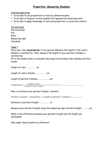 Measuring shadows (proportion) | Teaching Resources