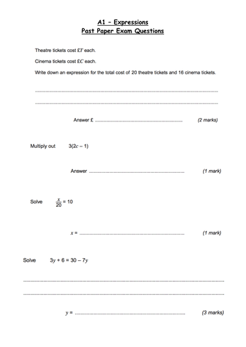 Expressions exam questions | Teaching Resources