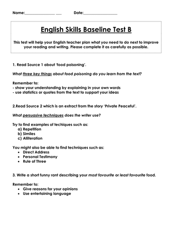 English Baseline Assessment for KS4 | Teaching Resources