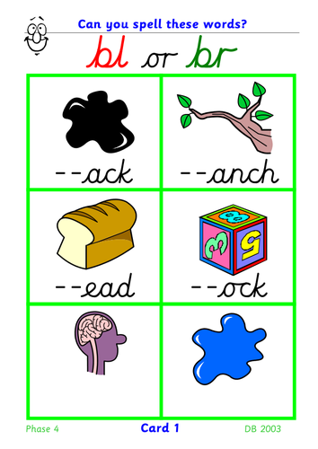 Phase 4: cards: initial blends, consonant clusters: bl ,br, cl, cr, fl ...