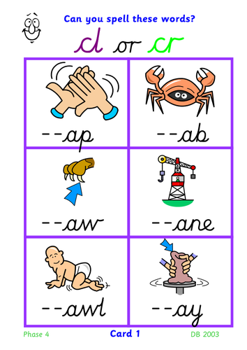 Phase 4: cards: initial blends, consonant clusters: bl ,br, cl, cr, fl ...