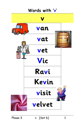 Phase 3: Set 6 - table cards for phonemes 'j', 'v', 'w' and 'x' - in ...