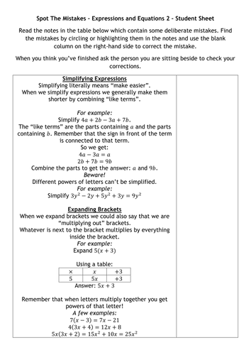 Spot The Mistakes - Expressions and Equations | Teaching Resources