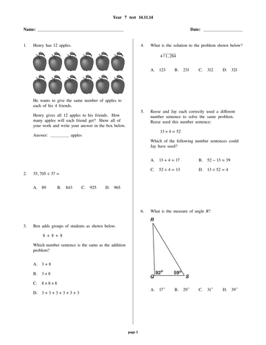 Yr 7s test - 3 topics | Teaching Resources