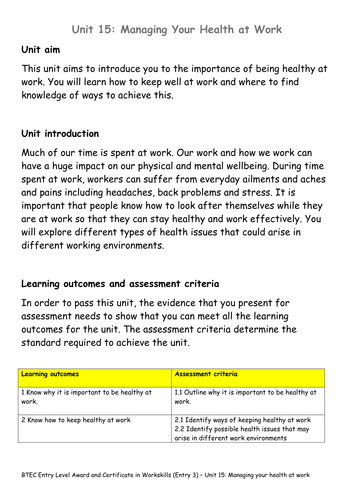 BTEC Workskills (E3) Unit 15: Managing your health at work | Teaching ...