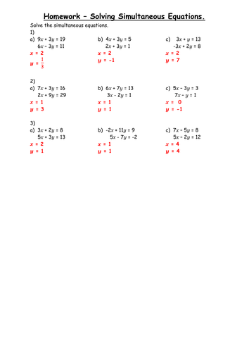 Solving Simulatenous Equation worksheet. | Teaching Resources