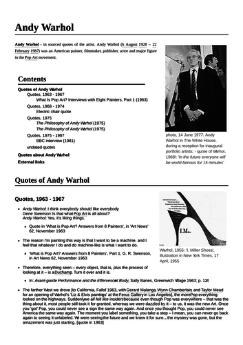 Andy Warhol in his artist quotes on American Pop Art - free resource ...