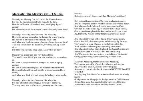 'Macavity: The Mystery Cat' - T.S Eliot | Teaching Resources