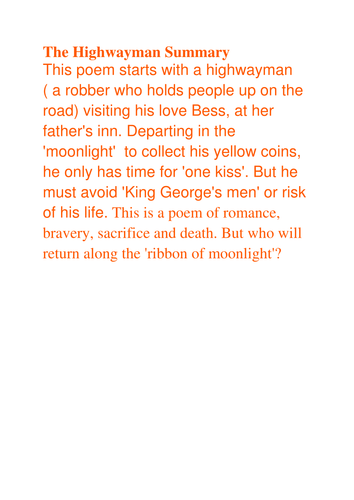 The Highwayman - week 3 | Teaching Resources