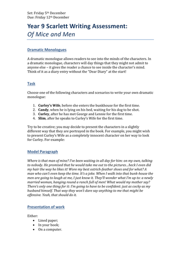 Of Mice and Men Writing Assessment | Teaching Resources