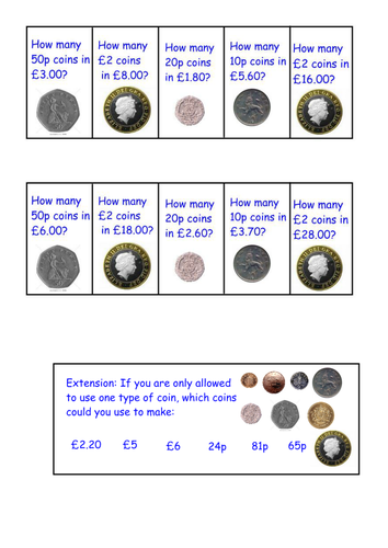 Amounts of coins and division with coins | Teaching Resources