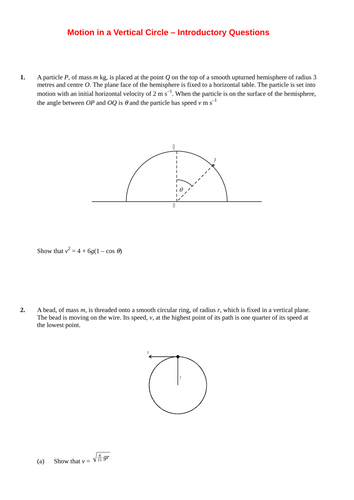 Introductory Exercise on Vertical Circular Motion | Teaching Resources