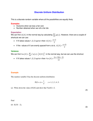 Discrete Uniform Distribution | Teaching Resources