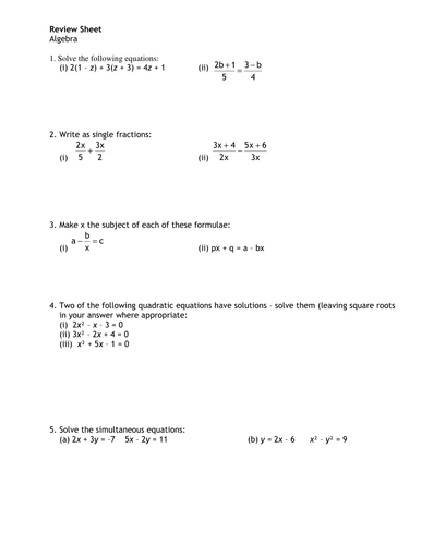 Algebra review | Teaching Resources