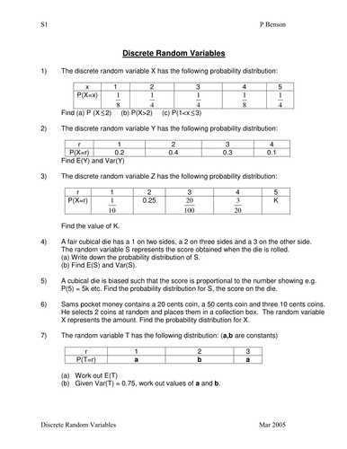 Discrete Random Variables Assignment | Teaching Resources