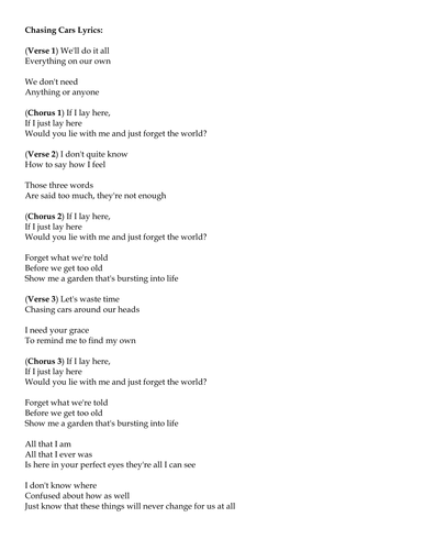 Chasing Cars - Snow Patrol - Chords and Lyrics | Teaching Resources
