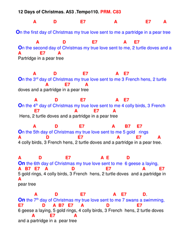 Chords Lyrics. " Twelve days of Christmas " | Teaching Resources