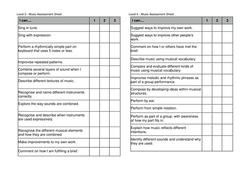 Music Assessment Sheet for stuents | Teaching Resources