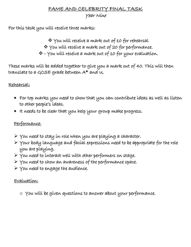 DEVISED WORK THEME OF FAME AND CELEBRITY | Teaching Resources