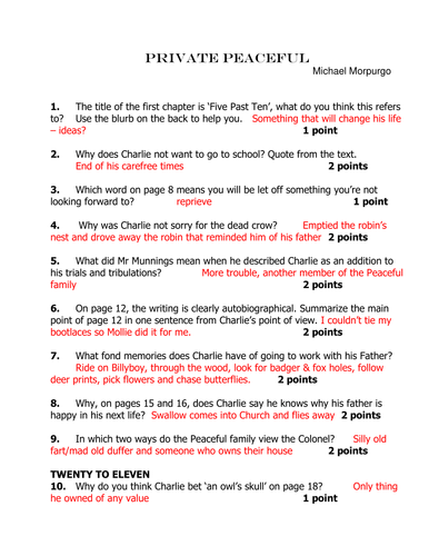 Private Peaceful by Michael Morpurgo - Reading Comprehension | Teaching ...