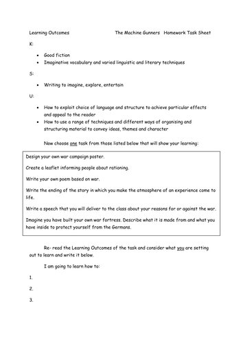The Machine Gunners homework sheet | Teaching Resources
