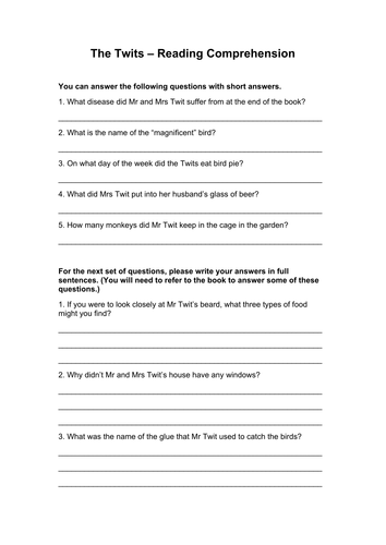 The Twits - Reading Comprehension | Teaching Resources