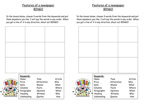 Features of a newspaper bingo | Teaching Resources